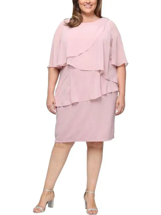 SL FASHIONS Tiered Glitter Chiffon Sheath Dress - Blush