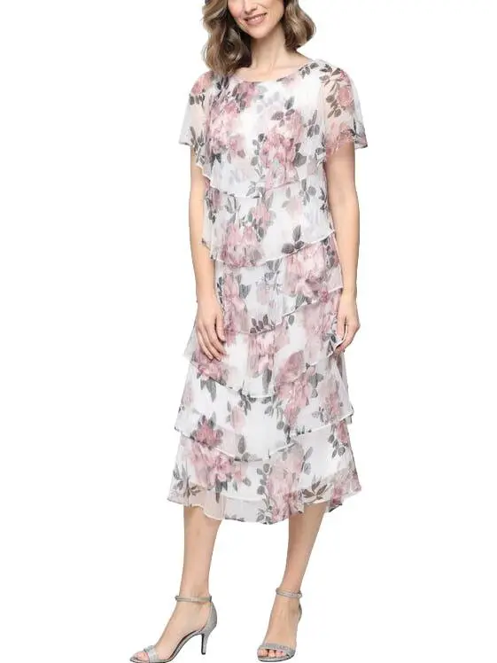 SL FASHIONS Tiered Floral Shimmer Midi Dress - Ivory/pink