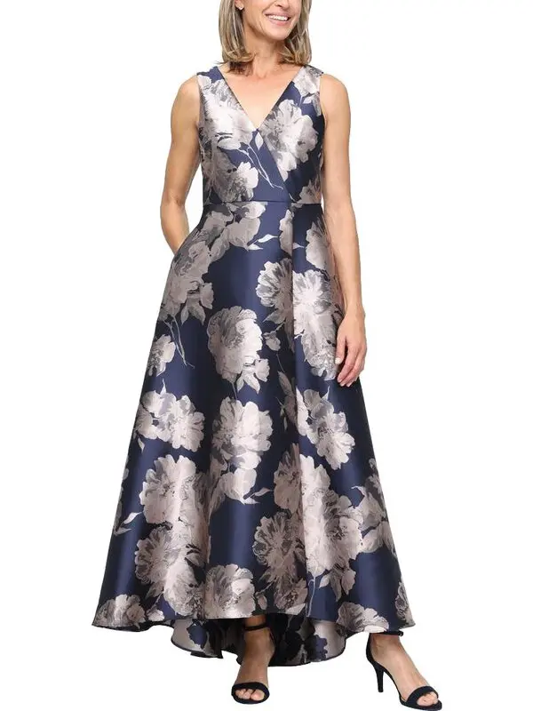 SL FASHIONS Floral Jacquard Gown - Navy/taupe