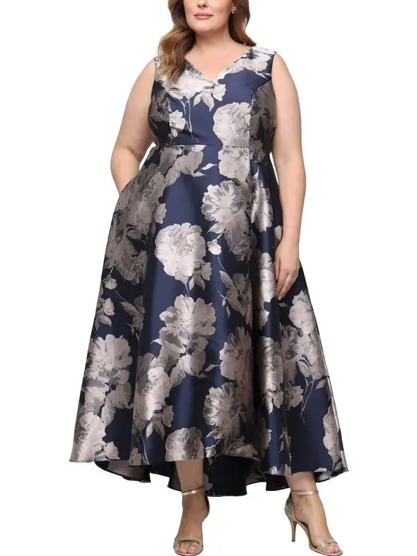SL FASHIONS Floral Jacquard Gown - Navy/taupe