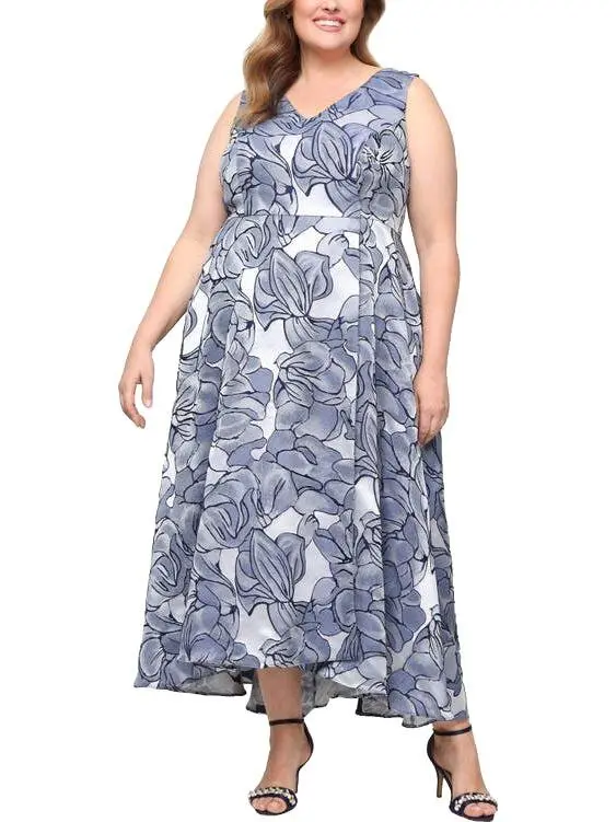 SL FASHIONS Floral Jacquard Gown - Navy Ivory