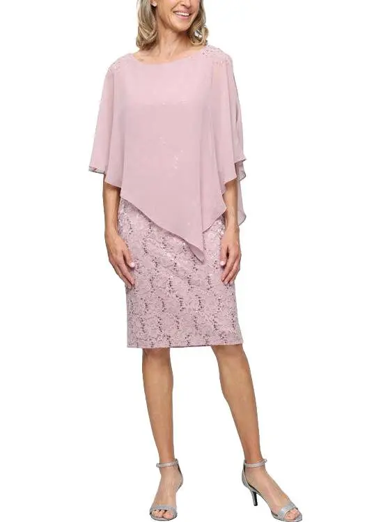 SL FASHIONS Chiffon Capelet Floral Lace Cocktail Dress - Blush