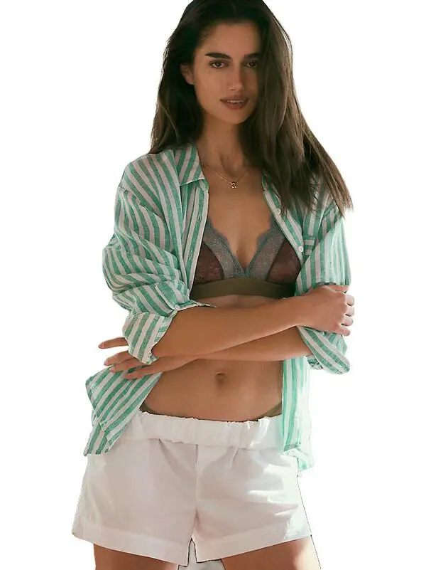 Maeve Shrunken Bennet European Linen Buttondown Shirt - Green Stripe