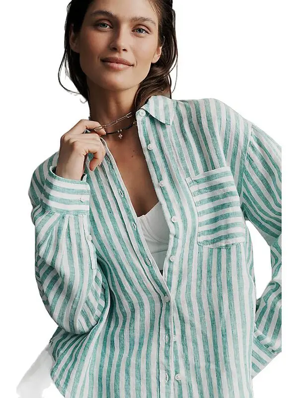 Maeve Shrunken Bennet European Linen Buttondown Shirt - Green Stripe
