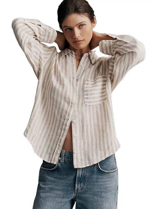 Maeve Shrunken Bennet Linen Button-down Shirt - Tan Stripe
