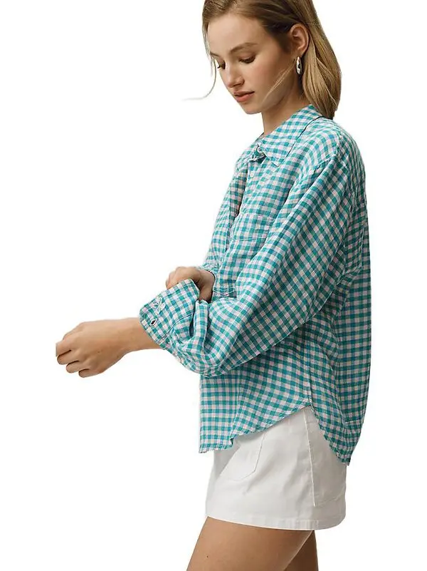 Maeve Shrunken Bennet Linen Buttondown Shirt - Turqiose Gingham