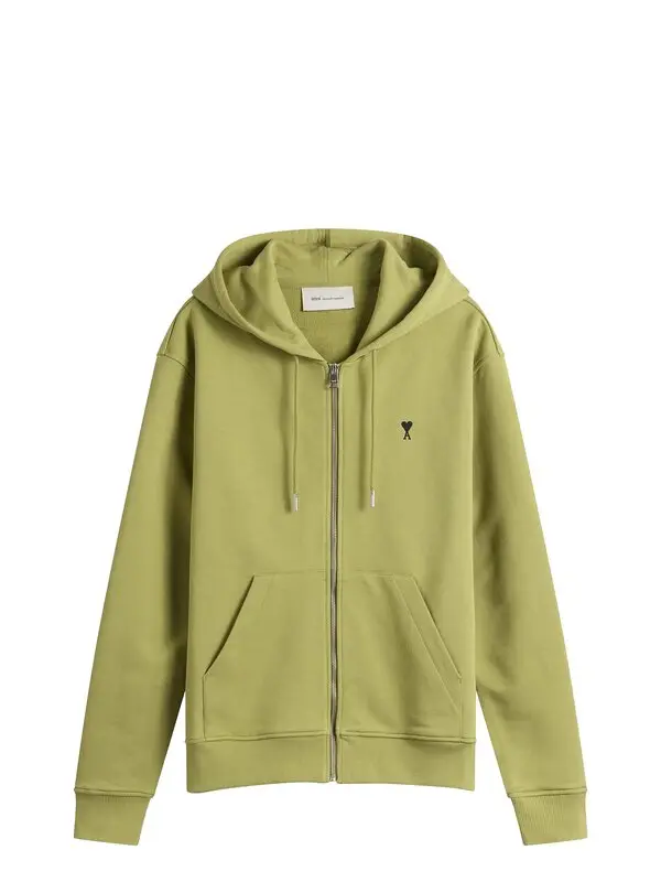 Ami Contrasted De Coeur Zip Up Hoodie - Matcha