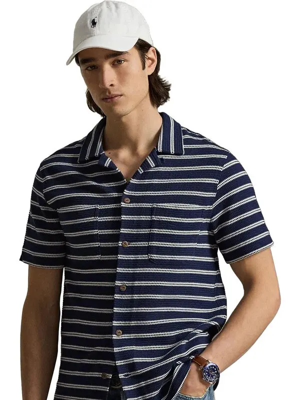 Ralph Lauren Striped Pointelle-ribbed Camp Shirt - Newport Navy/pale Cream