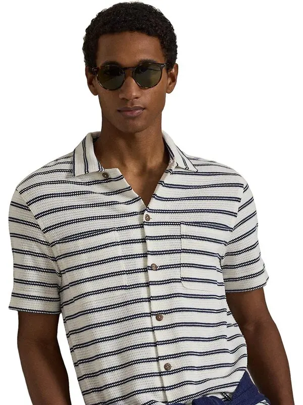 Ralph Lauren Striped Pointelle-ribbed Camp Shirt - Pale Cream/newport Navy
