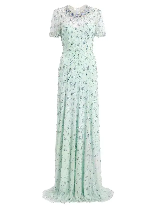 Jenny Packham Beaded Short Sleeve Maxi Dress - Blue