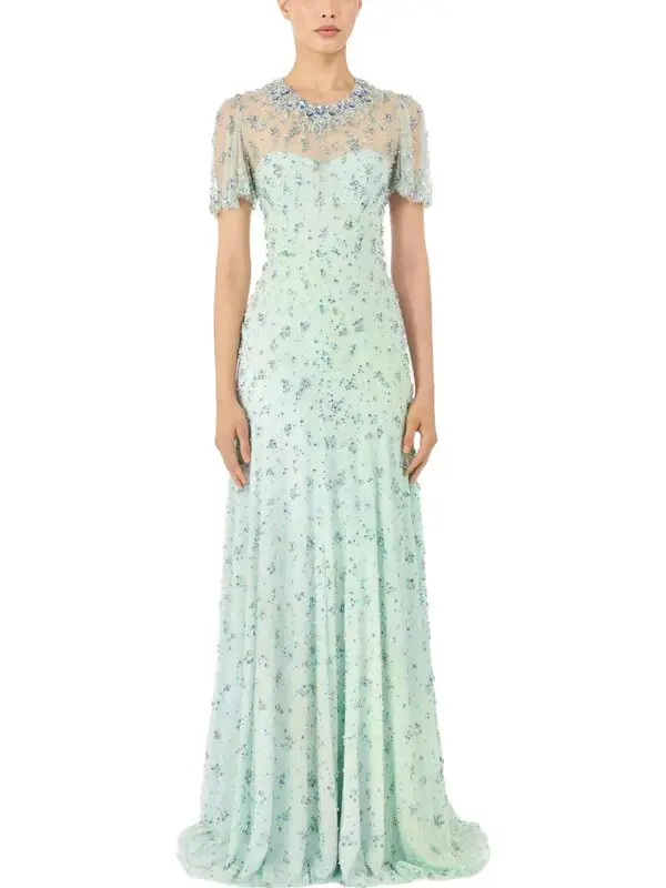 Jenny Packham Beaded Short Sleeve Maxi Dress - Blue