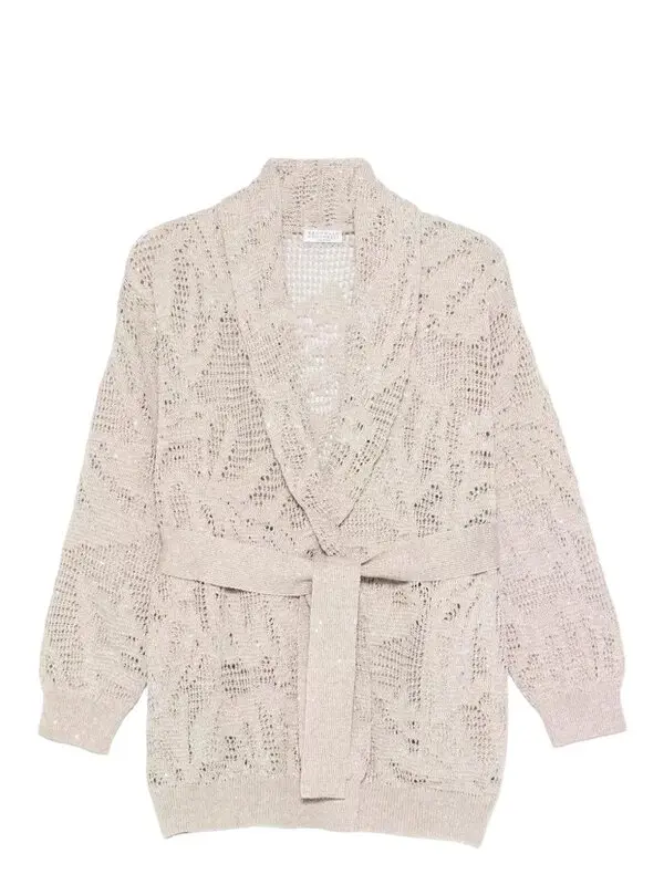 Brunello Cucinelli Open Knit Cardigan With Tie Waist - Neutrals