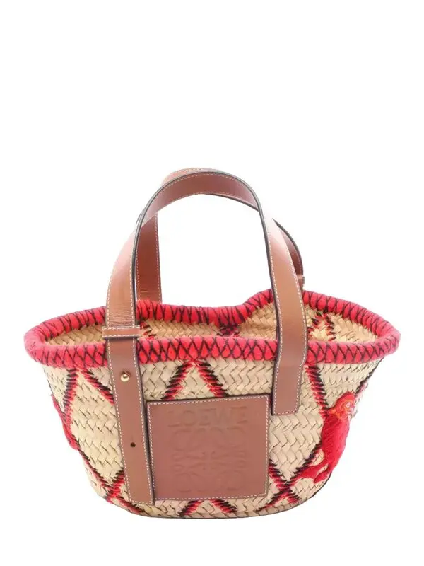 Loewe 2010-2026 Small Raffia Anagram Basket Tote Handbag - Brown