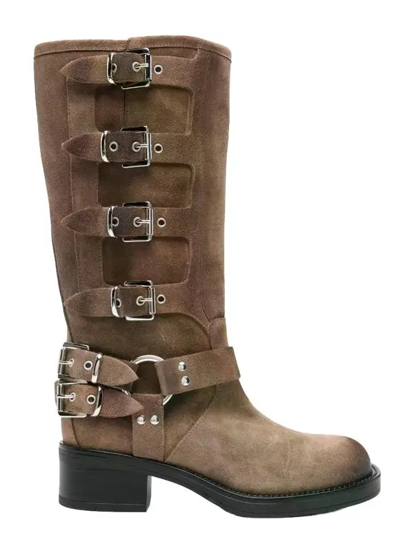 GISEL MOIRE Buckle-strap Square-toe Boots - Brown