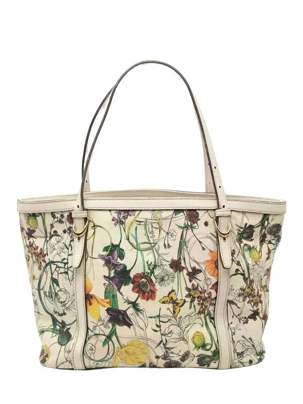 Gucci Leather Flora Tote Bag - White