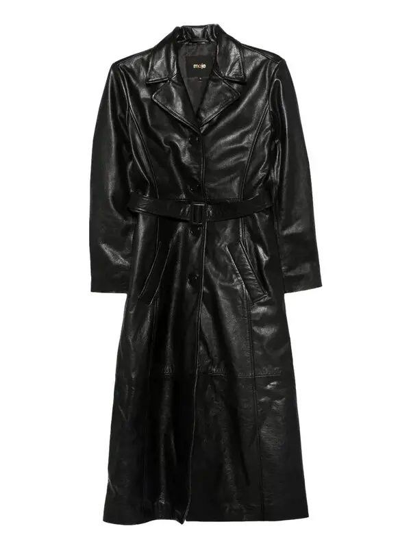 Maje Belted Leather Coat - Black