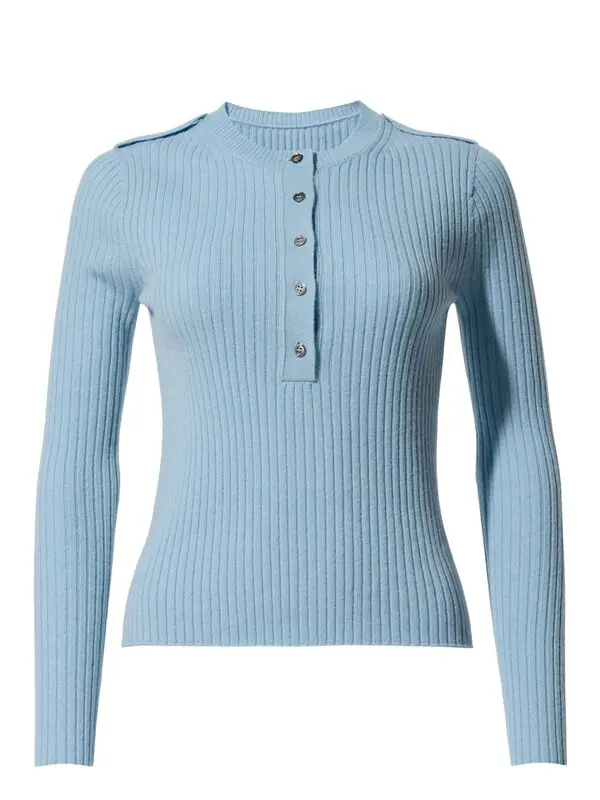 Perfect Moment Ribbed Henley Knit Top - Cloud-blue
