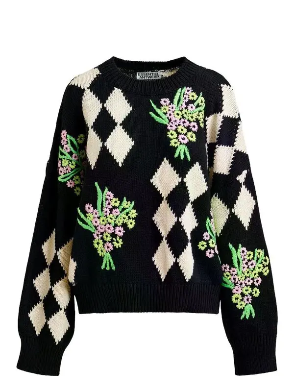 Essentiel Antwerp Floral-embellished Check-pattern Sweater - Black