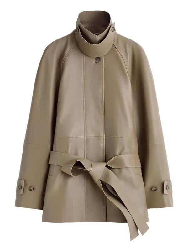 Cos Mock-neck Leather Short Trench Coat - Beige