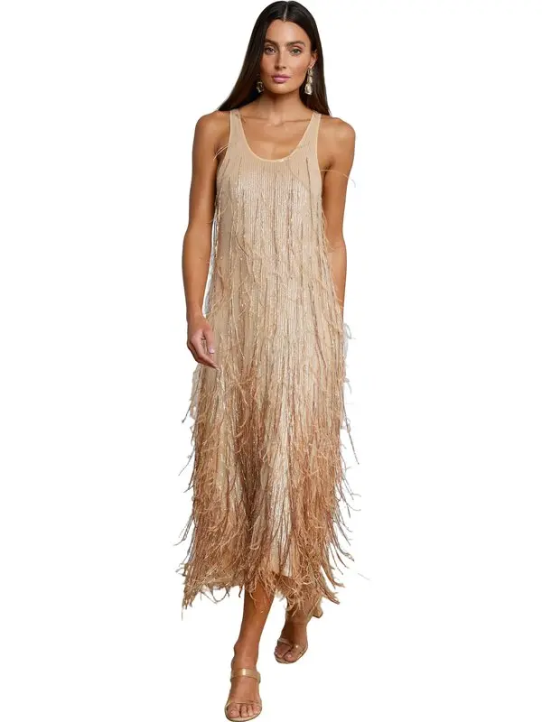 L'Agence Prince Embellished Feathered Dress - Soft Camel