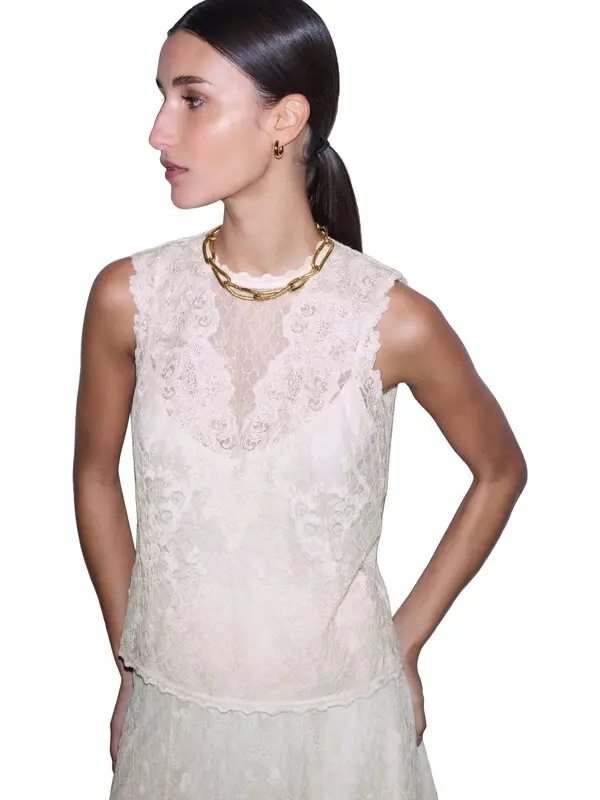ME+EM Embroidered Tulle Top With Cami - Light Cream