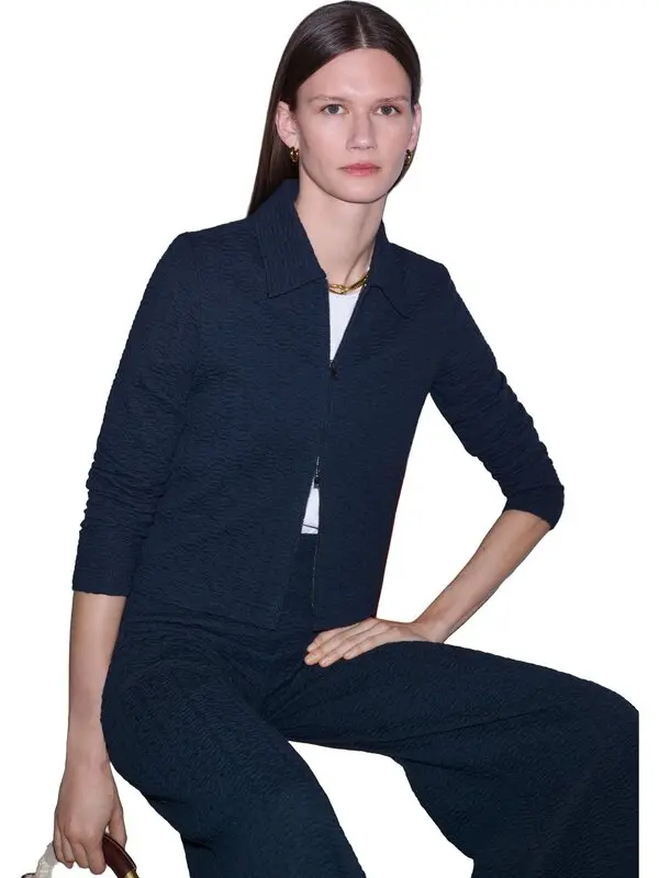ME+EM Jacquard Zip-through Top - Navy