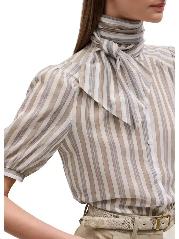 ME+EM Striped Tie-neck Blouse - Brown Multi