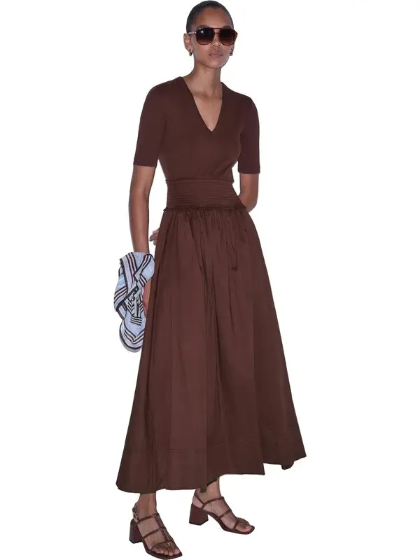 ME+EM V-neck Smocked Skirt Maxi Dress - Cinnamon Brown