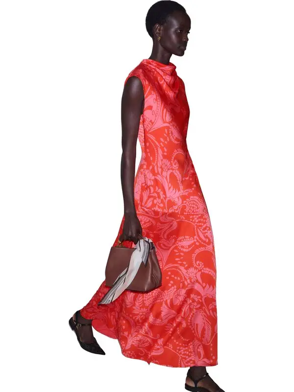 ME+EM Stylised Silhouette Print Bias Cut Full Length Dress - Orange Multi