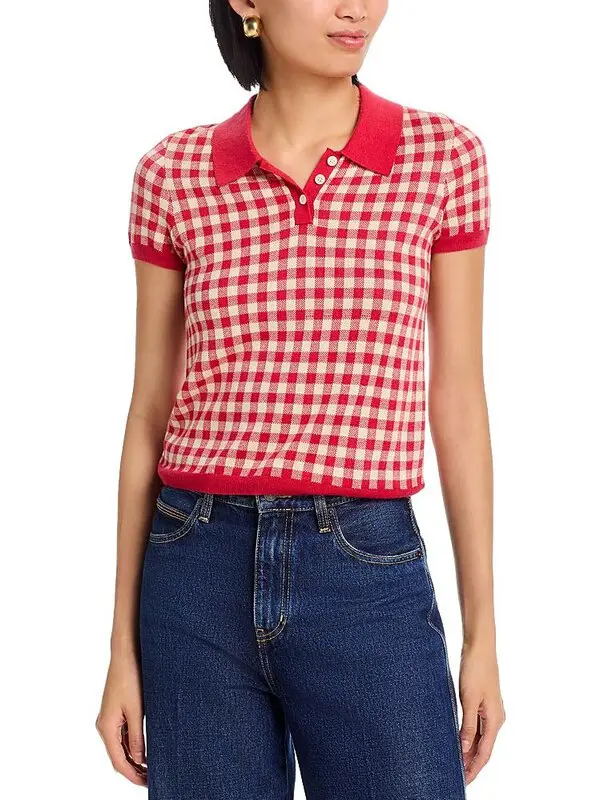 Guest In Residence Gingham Shrunken Polo Sweater - Scarlet/mist