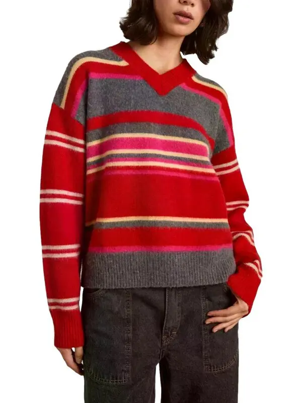 DAMSON MADDER Striped V-neck Knit Sweater - Red
