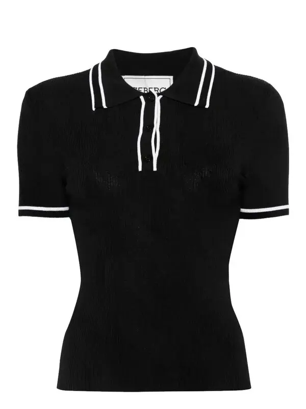 Iceberg Stripe Knit Polo Top - Black