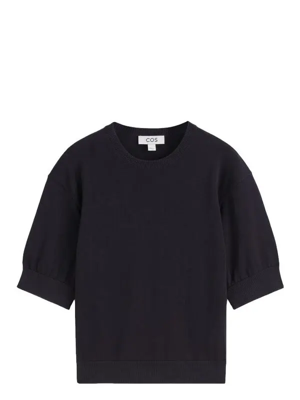 Cos Knitted Cotton T-shirt With Puff Sleeves - Navy