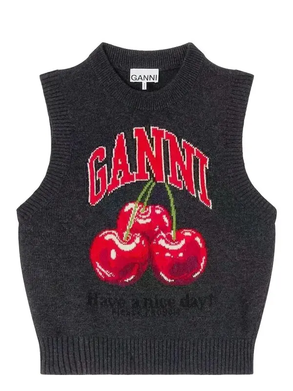 GANNI Cherry-print Wool Vest - Grey