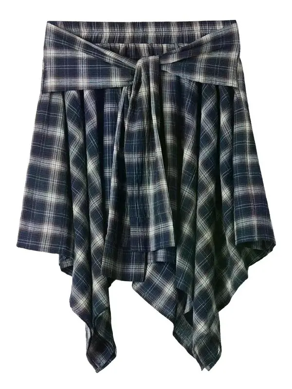 B+AB Tie-waist Check-pattern Asymmetric Skirt - Blue