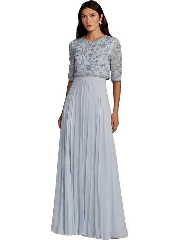 Mac Duggal Blue High Neck Embellished Top With Chiffon Skirt Gown - Powder Blue