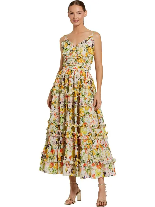 Mac Duggal Floral Printed Micro Ruffle Cotton Midi Dress - Yellow