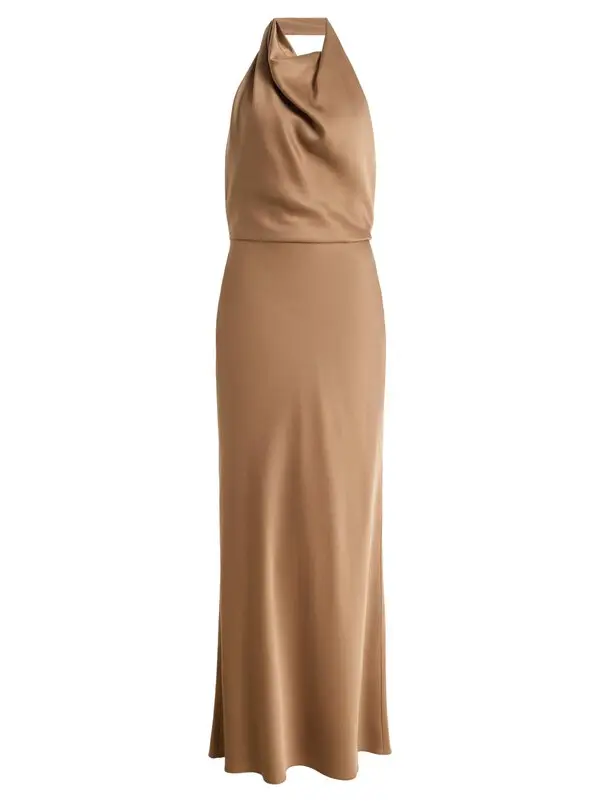Simkhai Reannon Draped Satin Halter Gown - Tan