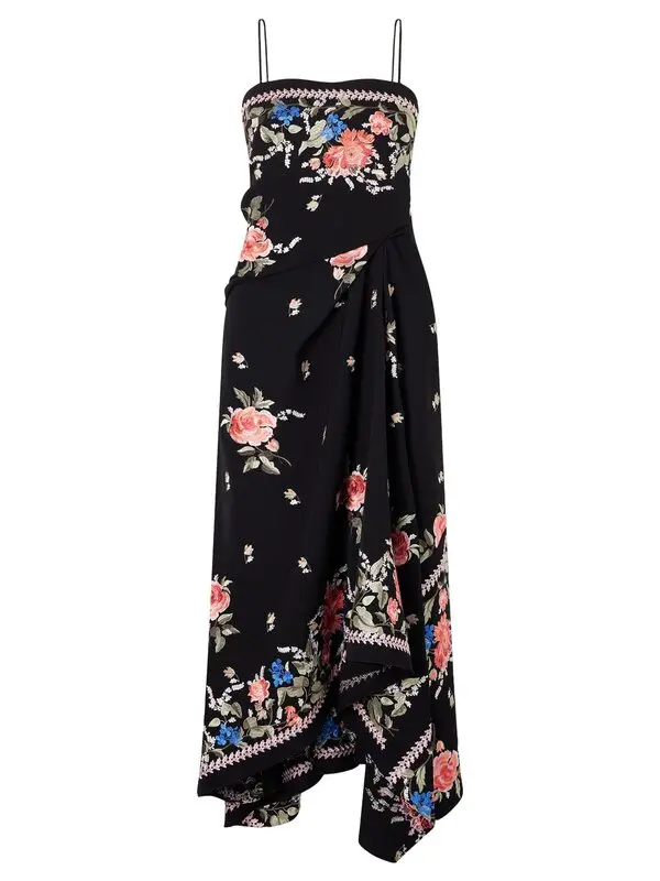 Erdem Asymmetric Embroidered Grain De Poudre Wool Midi Dress - Black