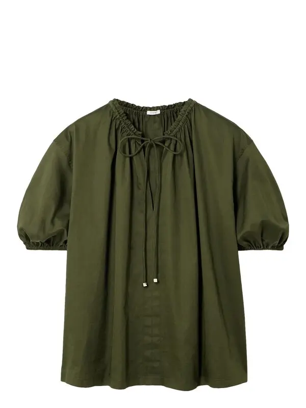 JOSEPH Nador Tie-detailed Gathered Cotton-sateen Blouse - Green