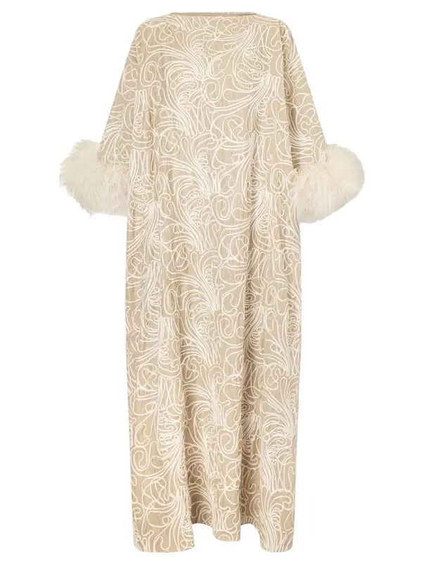 DIMA AYAD Feather-trimmed Embroidered Crepe Gown - Neutrals