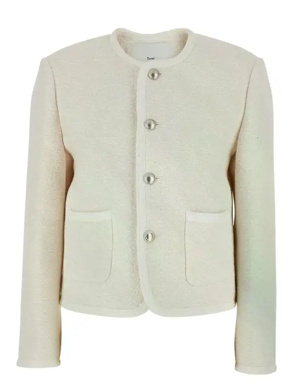 DUNST Collarless Tweed Jacket With Embroidered Trim - Neutrals