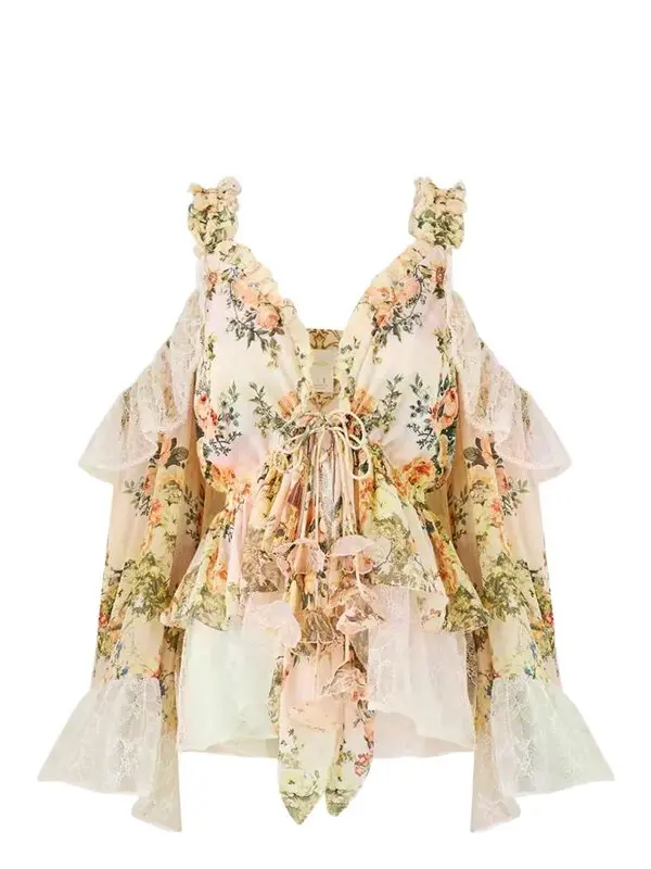 Camilla Ruffled Floral Print Top - Neutrals