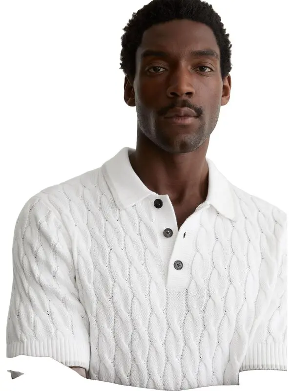 REISS Denby Cotton Cable-knit Polo Shirt - White/soft Grey
