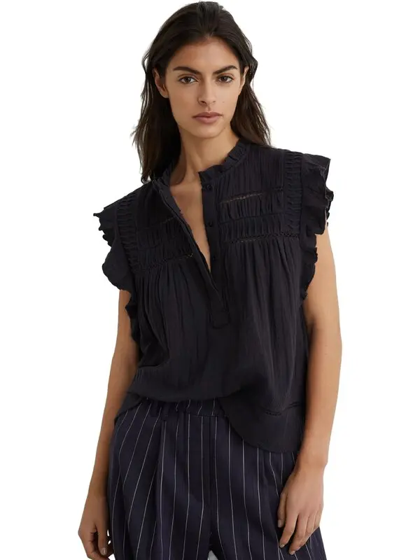 REISS Cotton Cheesecloth Sleeveless Top - Navy