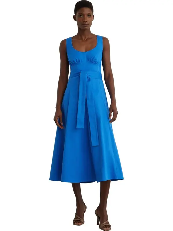 REISS Irina Cotton Belted Midi Dress With Stretch - Blue