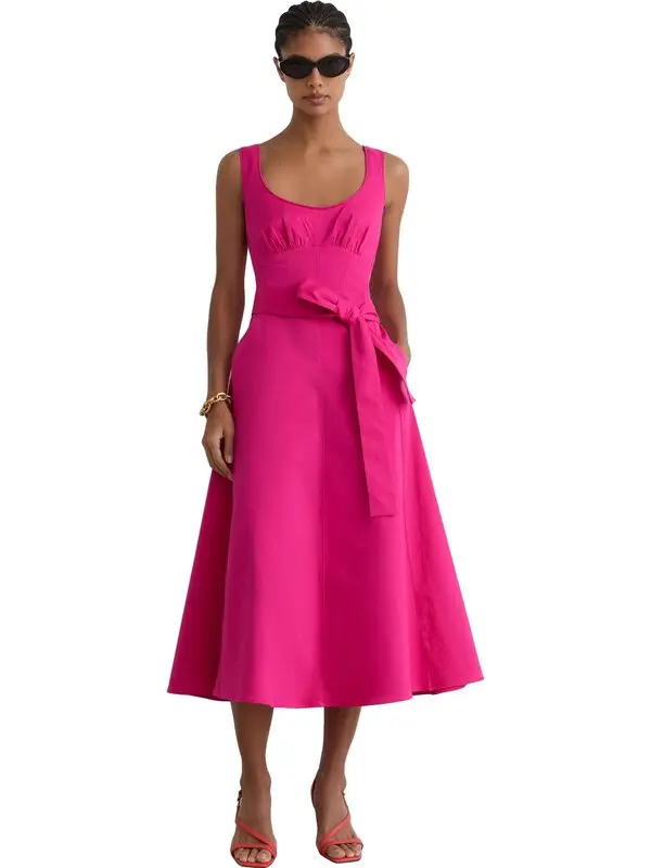 REISS Irina Cotton Belted Midi Dress With Stretch - Pink