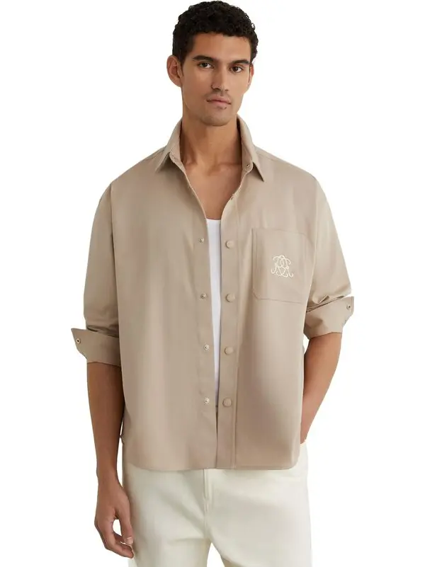REISS Elmore Monogram Embroidered Relaxed Overshirt Stretch-cotton - Light Stone