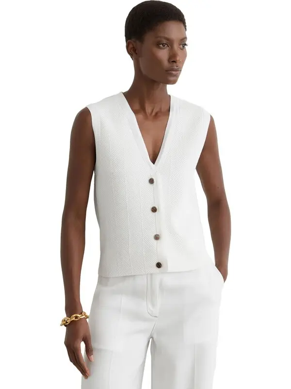 REISS Ria Textured-knit Button-through Waistcoat - White