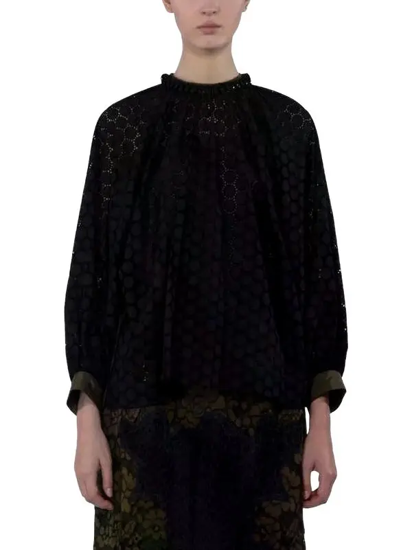 Biyan Gathered Neckline Eyelet Blouse - Black